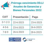Prórroga DDJJ Anuales de Ganancias y Bienes Personales 2022